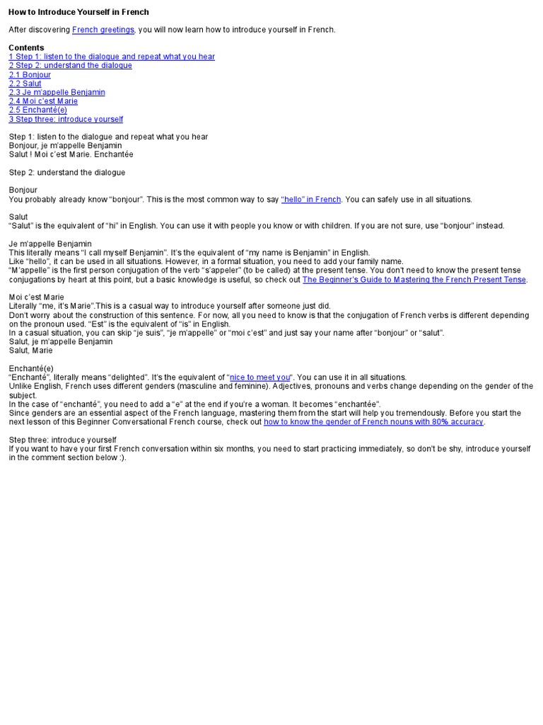 Self-Introduction in French Guide | PDF | Grammatical Gender ...