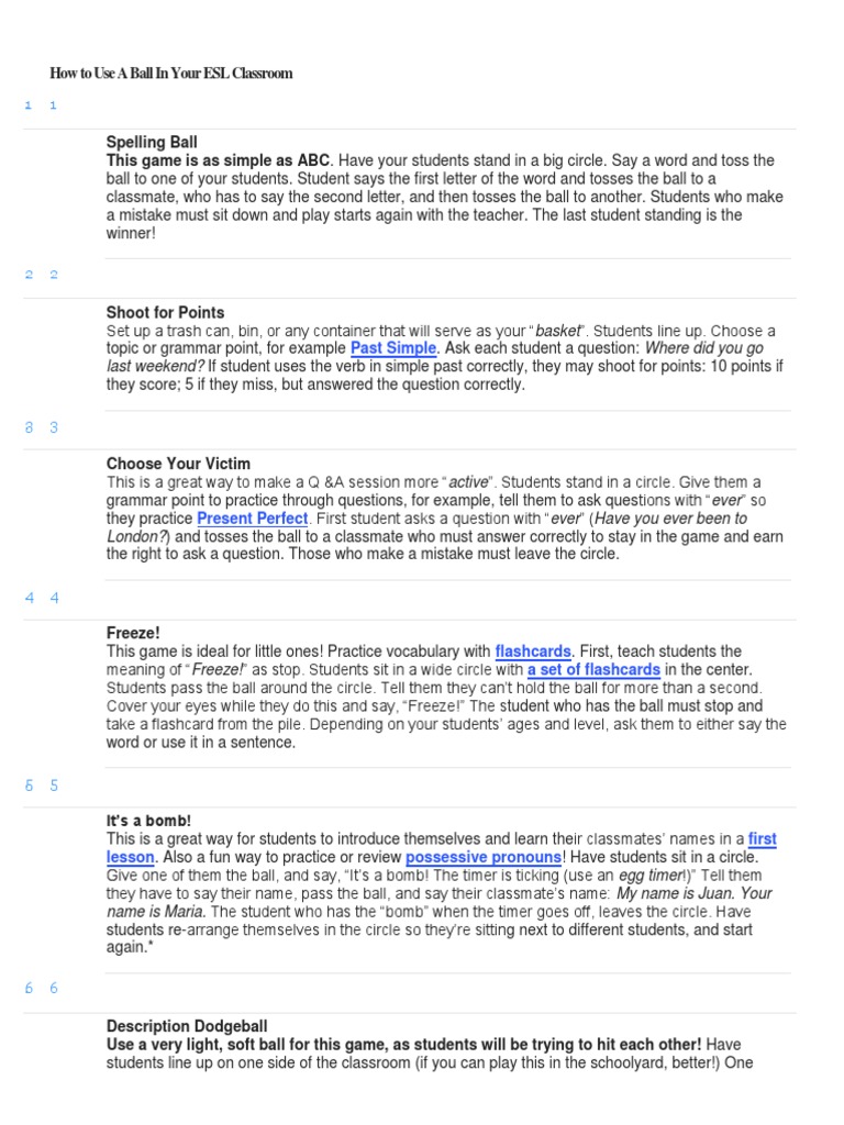 Engaging ESL Classroom Ball Games | PDF | Question | English As A ...