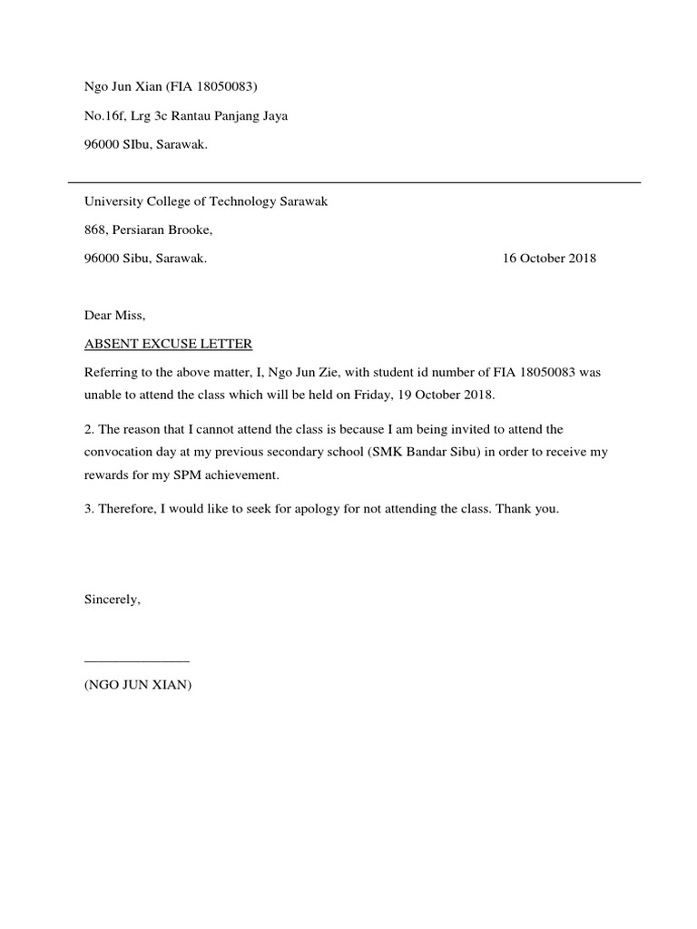 Absent Excuse Letter | PDF