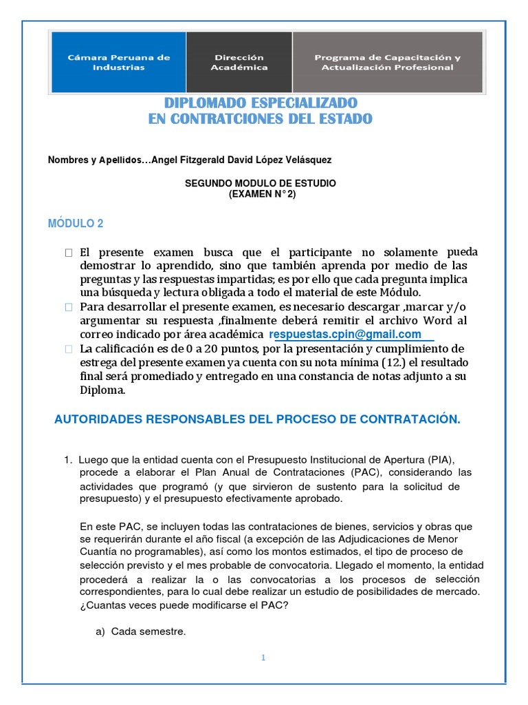 Examen Módulo 2: Contrataciones del Estado | PDF | Prueba (evaluación ...