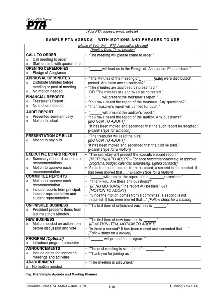 (Your PTA Name) : Fig. R-2 Sample Agenda and Meeting Planner | PDF ...