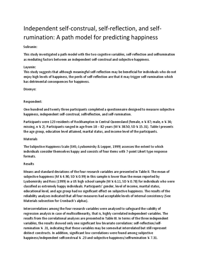 Independent Self-Construal, Self-Reflection, and Self-Rumination: A ...