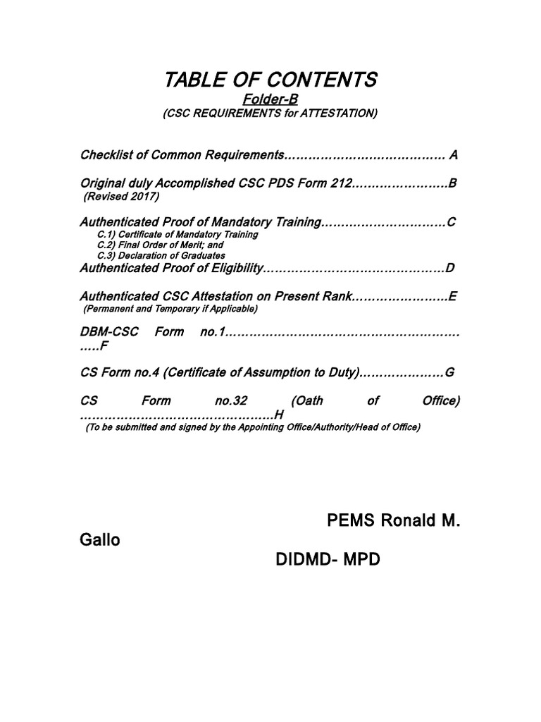 Table of Contents for Common Civil Service Commission Requirements for ...