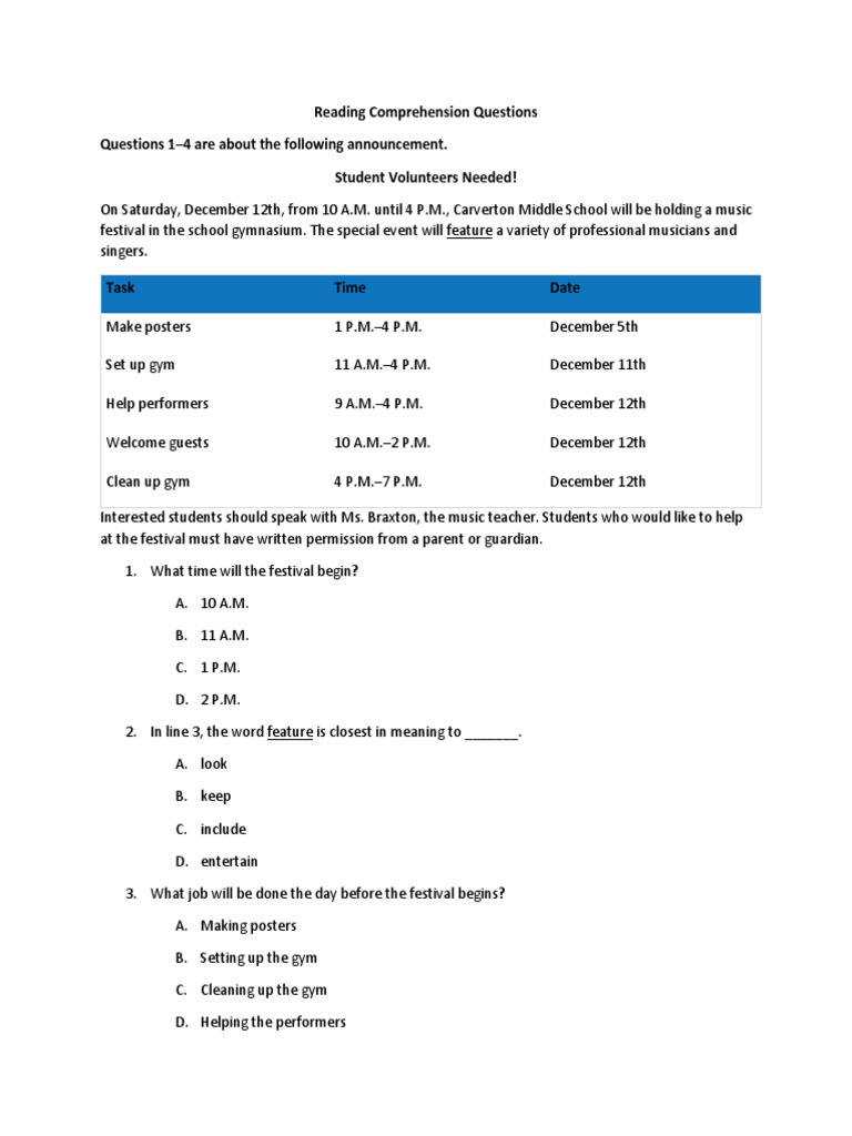 Reading Comprehension Questions | PDF
