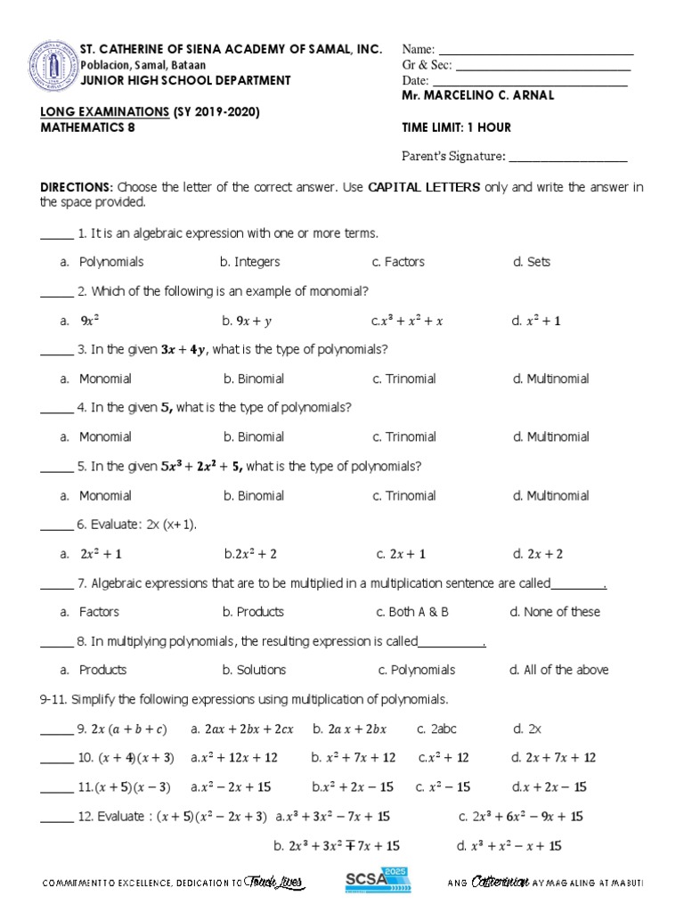 1ST Long Test Math 8 | PDF | Polynomial | Multiplication