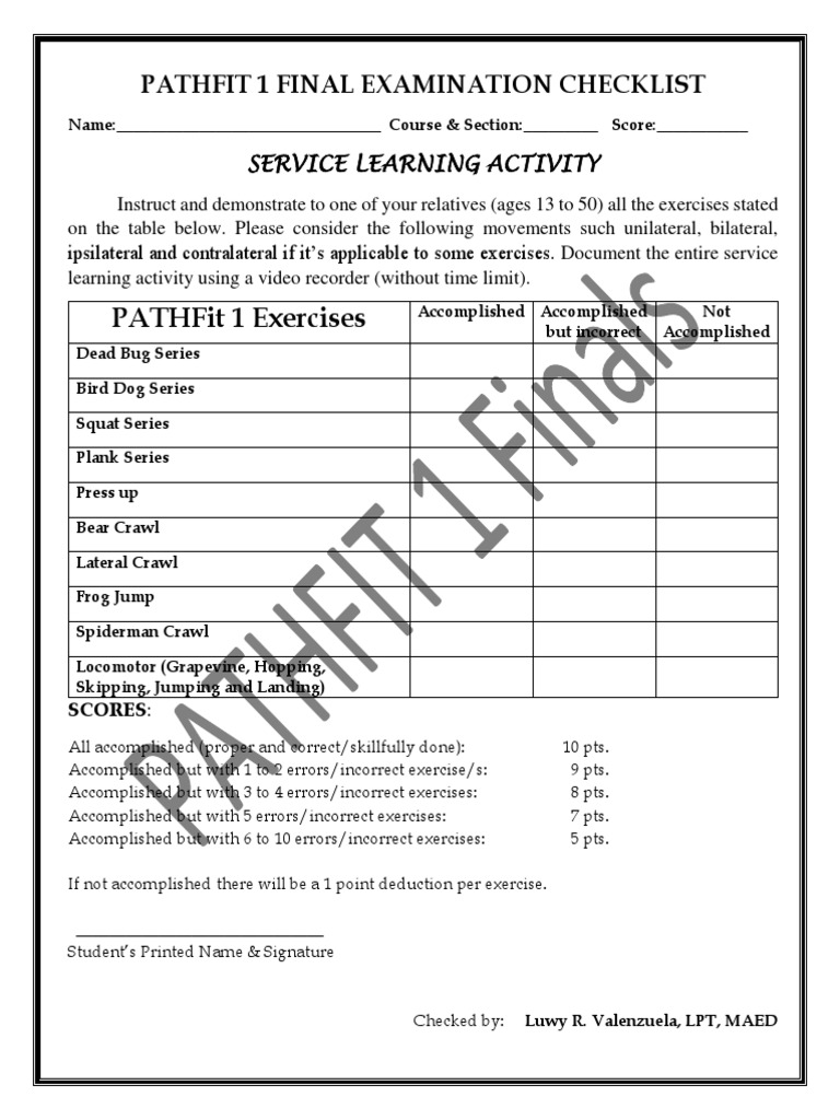 Pathfit 1 Exercises: Pathfit 1 Final Examination Checklist | PDF