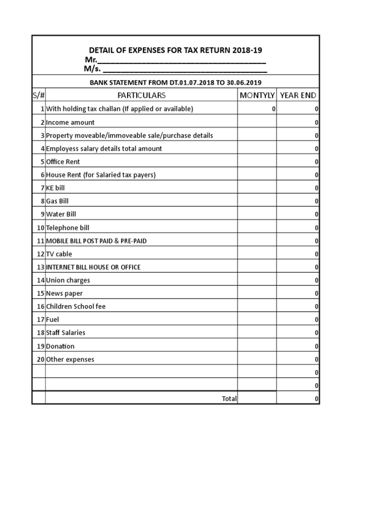 Expenses Sheet For Tax Return 2019 | PDF