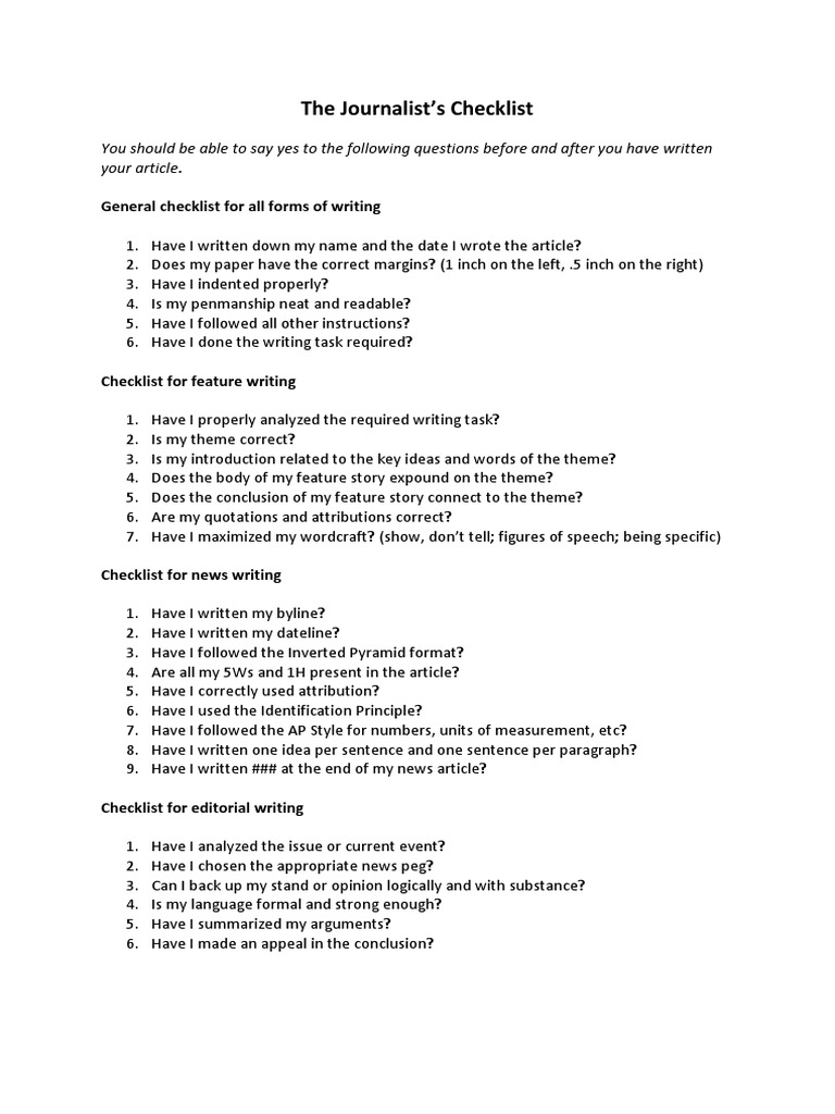 Self-Editing Checklist For Writing News, Editorial, and Feature | PDF