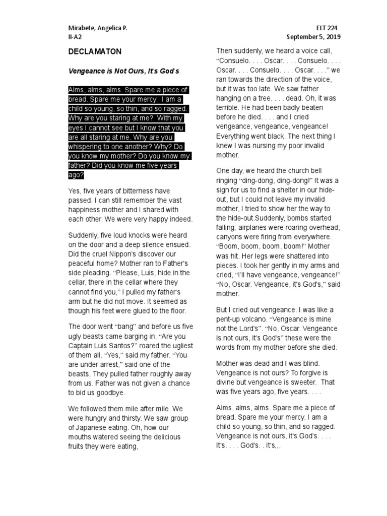 Declamaton: Vengeance Is Not Ours, It S God S | PDF