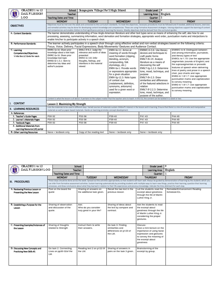 English Grade 9 DLL | PDF | Teachers | Curriculum