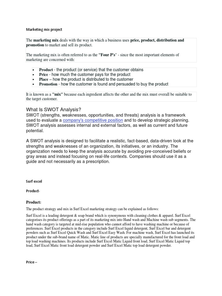Marketing Mix and SWOT Analysis Overview | PDF | Swot Analysis | Marketing