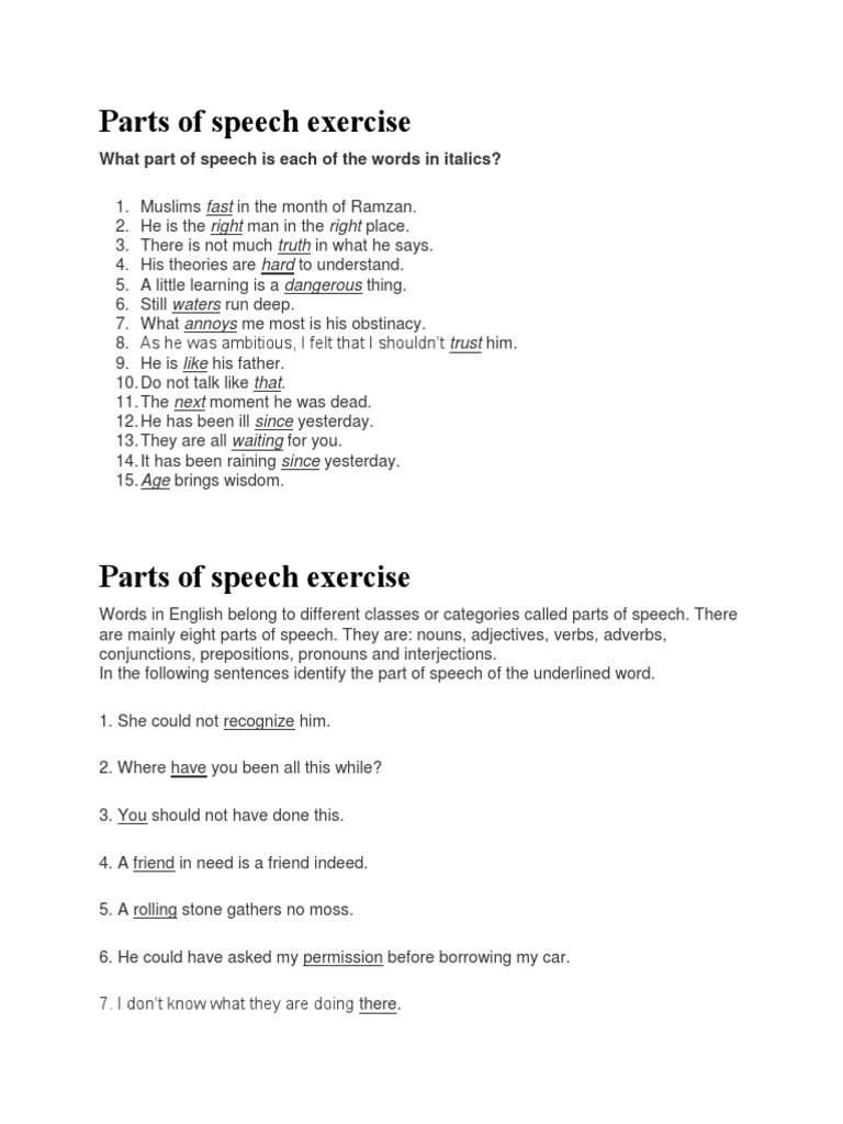 Parts Of Speech Exercises Parts Of Speech 2 | Exercise | Education.com