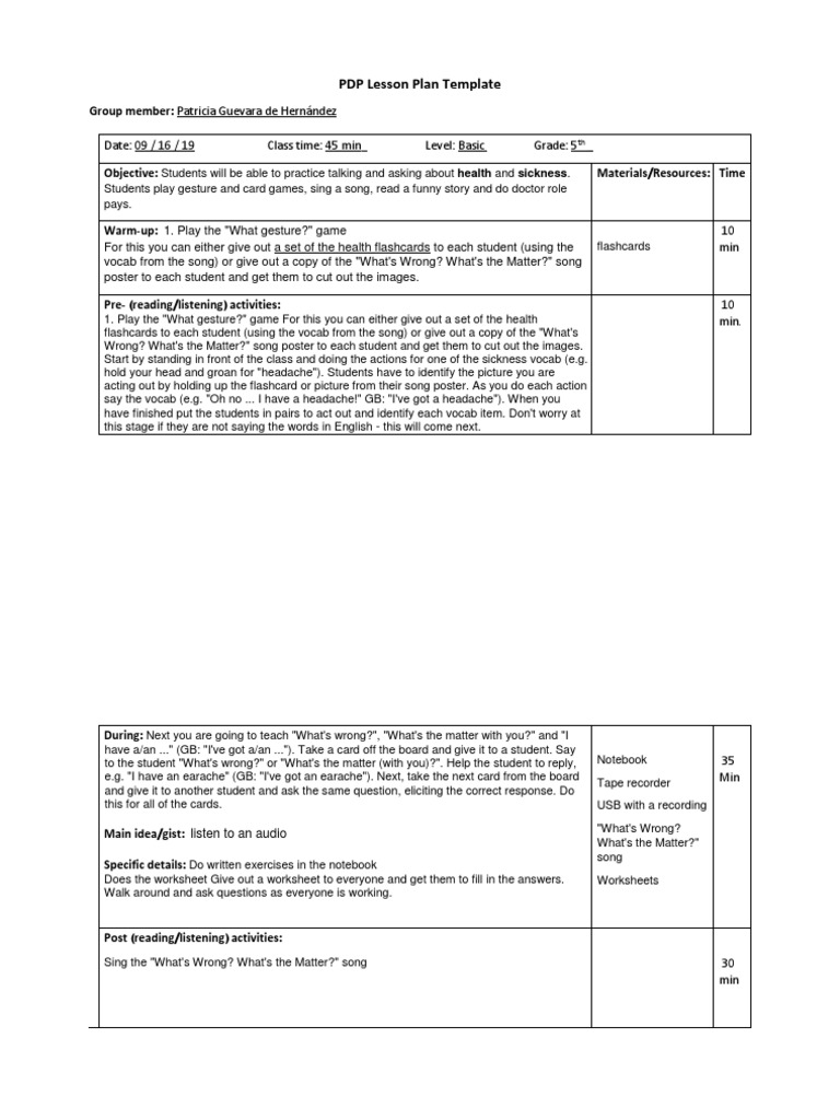 PDP Lesson Plan Template: Group Member: Patricia Guevara de Hernández ...