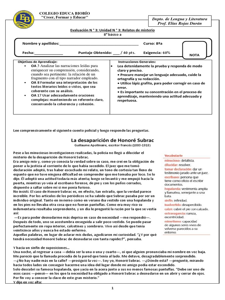 Evaluación Unidad 3 Relatos de Misterio | PDF