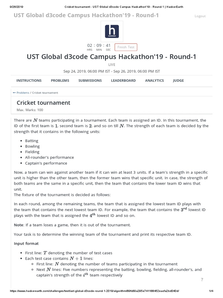 Cricket Tournament - UST Global D3code Campus Hackathon'19 - Round-1 - HackerEarth PDF | PDF ...