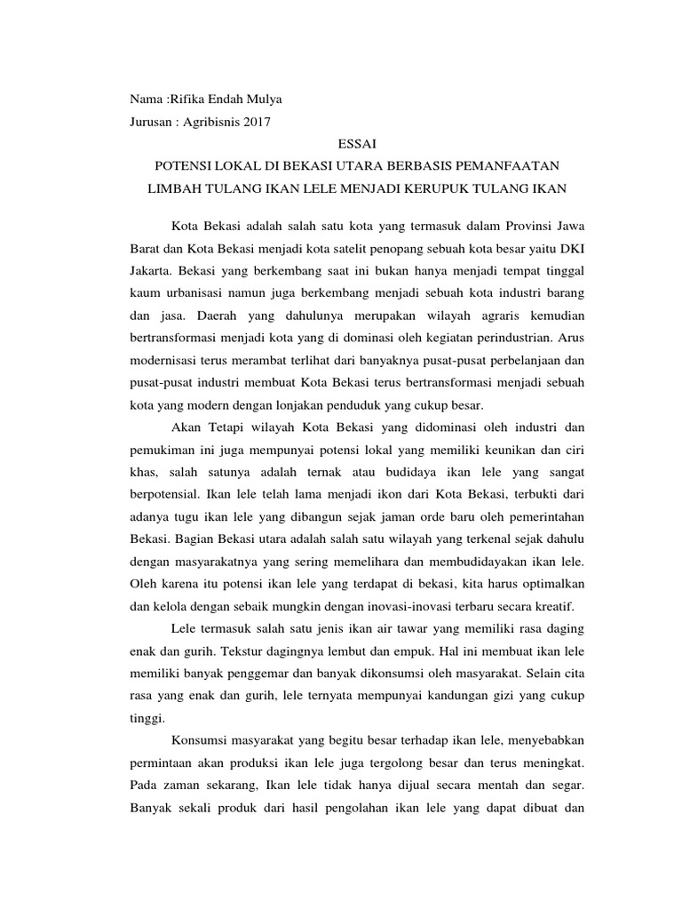 POTENSI PENGELOLAAN LIMBAH TULANG IKAN LELE DI BEKASI UTARA | PDF