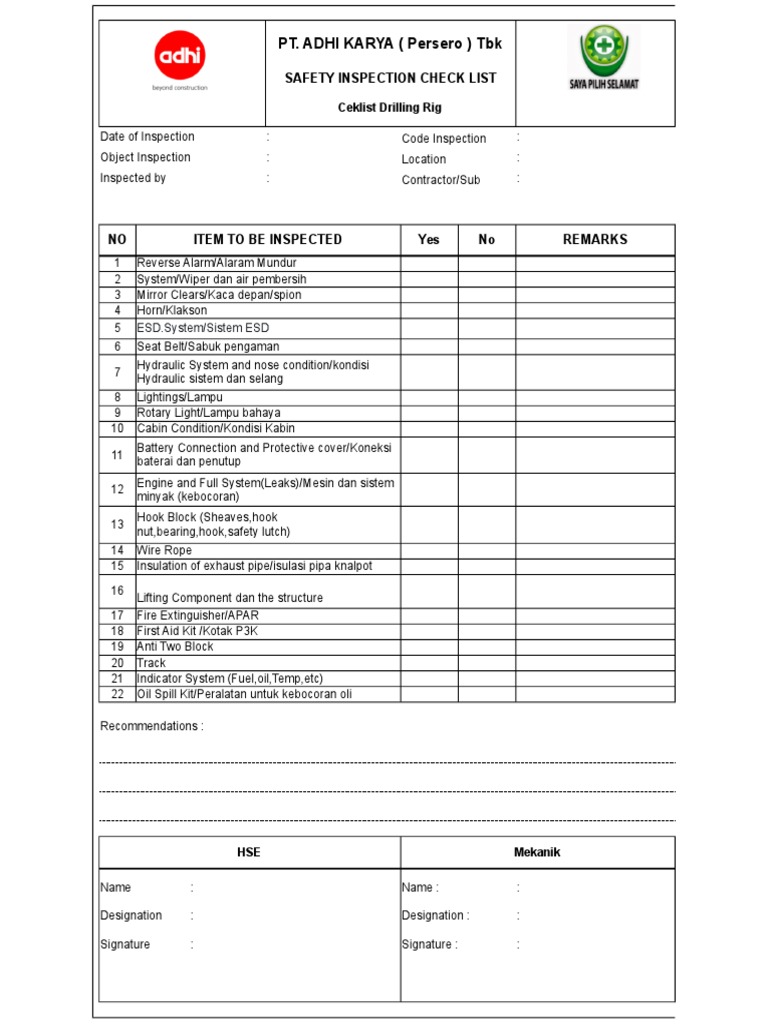 Cheklist SOP Drilling Rig Bore Pile | PDF