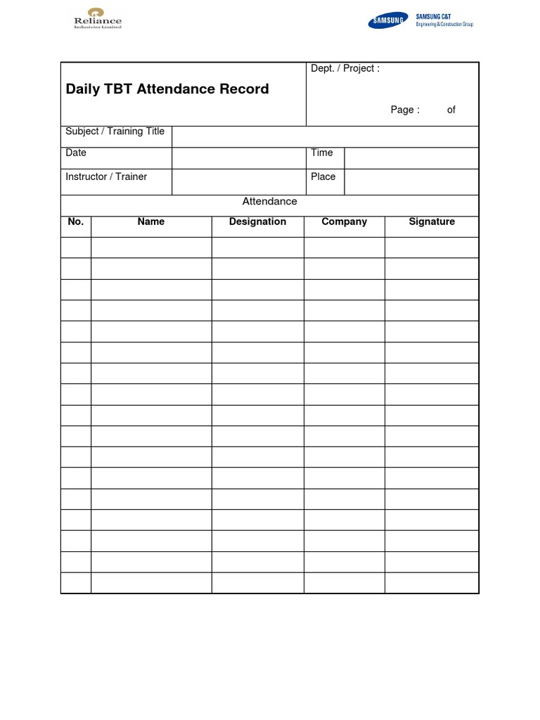 Daily TBT Attendance Record: Dept. / Project | PDF