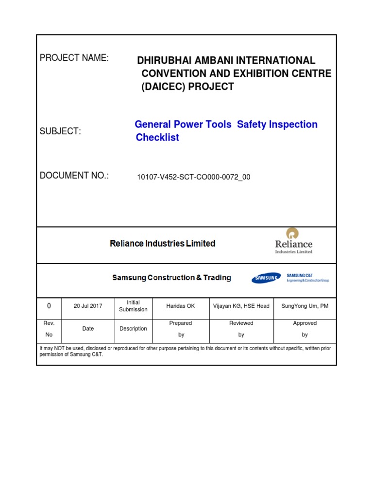 General Power Tools Safety Inspection Checklist | PDF | Tools | Equipment