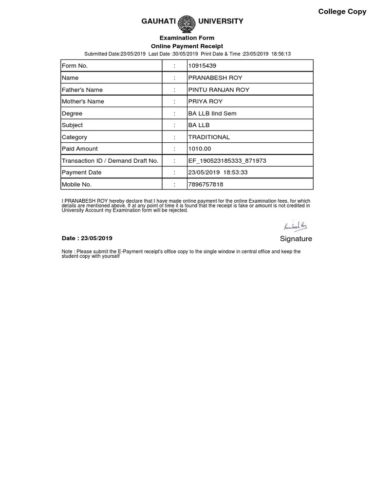 Examination Form Online Payment Receipt: Signature | PDF | Receipt ...