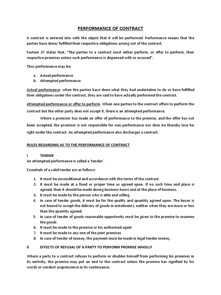 Rules Regarding As To The Performance of Contract I Tender | PDF ...