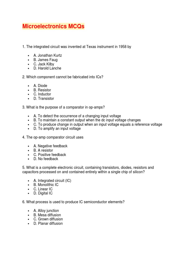 Microelectronics MCQs - Integrated Circuits & Op-Amp Questions | PDF ...