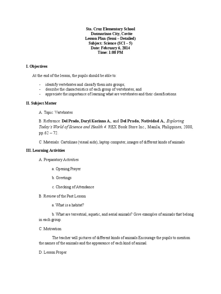 Lesson Plan Vertebrates | PDF | Vertebral Column | Vertebrates