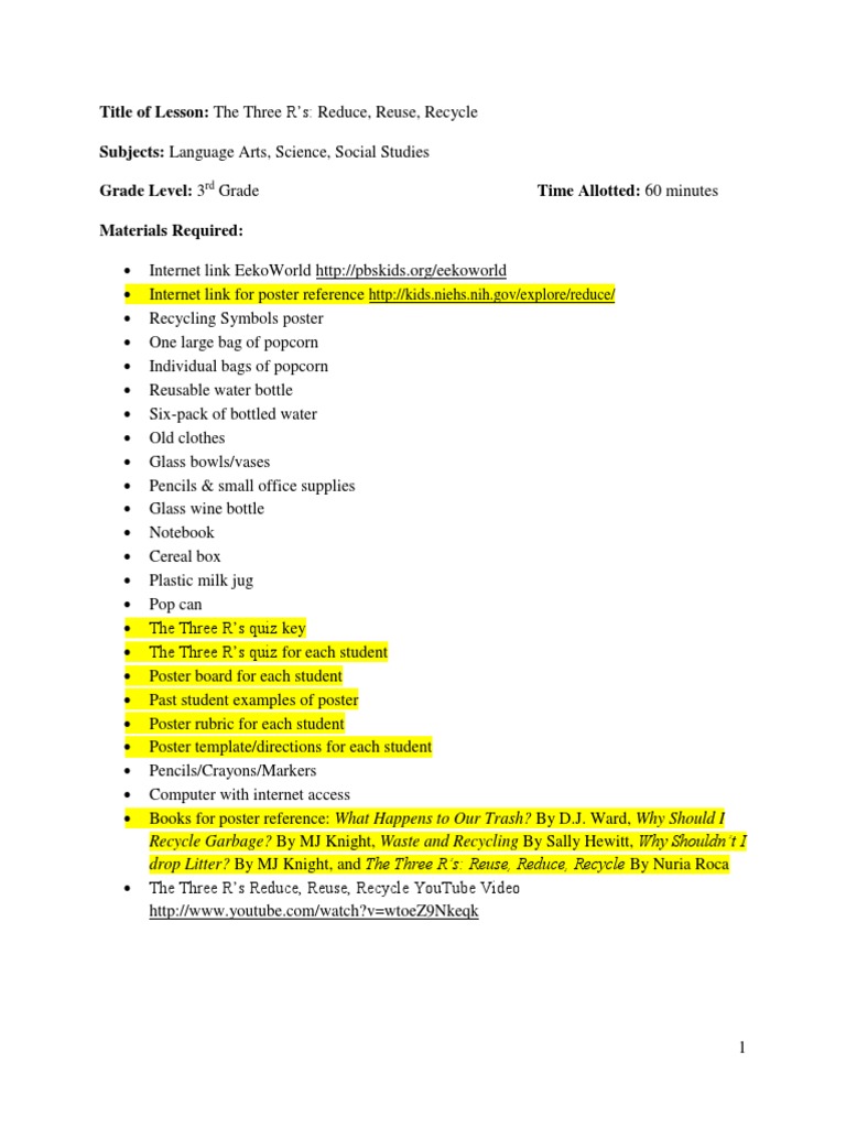 The 3 Rs Lesson Plan | PDF | Recycling | Reuse