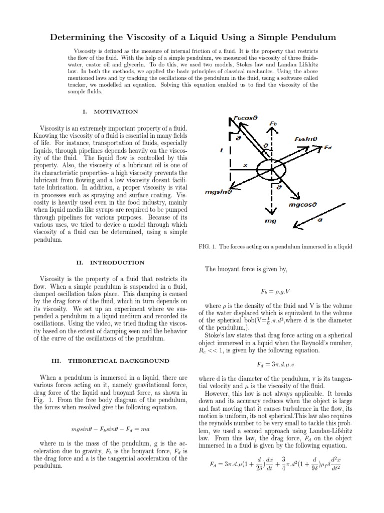Determining The Viscosity of A Liquid Using A Simple Pendulum | PDF | Viscosity | Fluid Dynamics