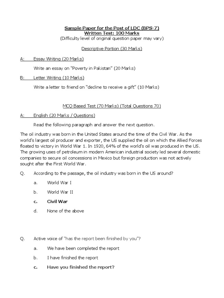 Sample Paper For The Post of LDC (BPS-7) Written Test: 100 Marks | PDF ...