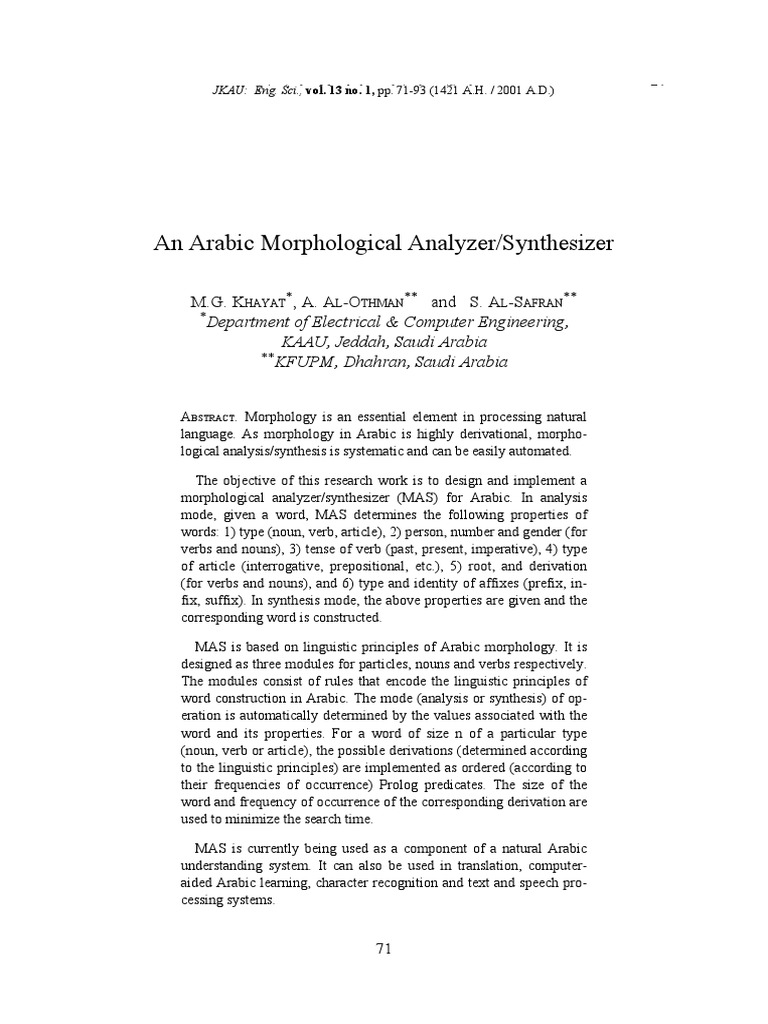 An Arabic Morphological Analyzer/Synthesizer: M.G. K, A. A - O and S. A - S | Download Free PDF ...
