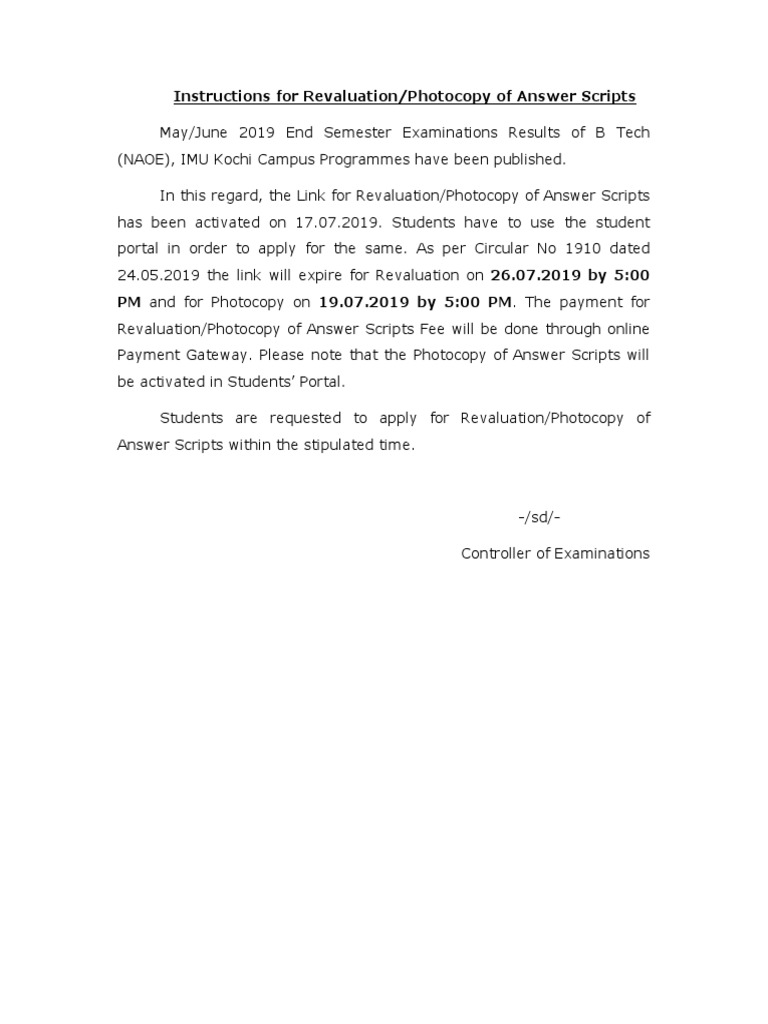 Instructions For Revaluation/Photocopy of Answer Scripts | PDF | Business
