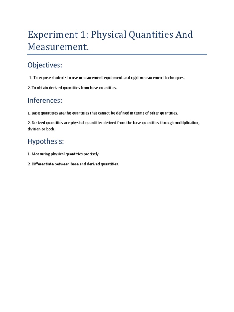 Experiment 1: Physical Quantities and Measurement.: Objectives | PDF ...