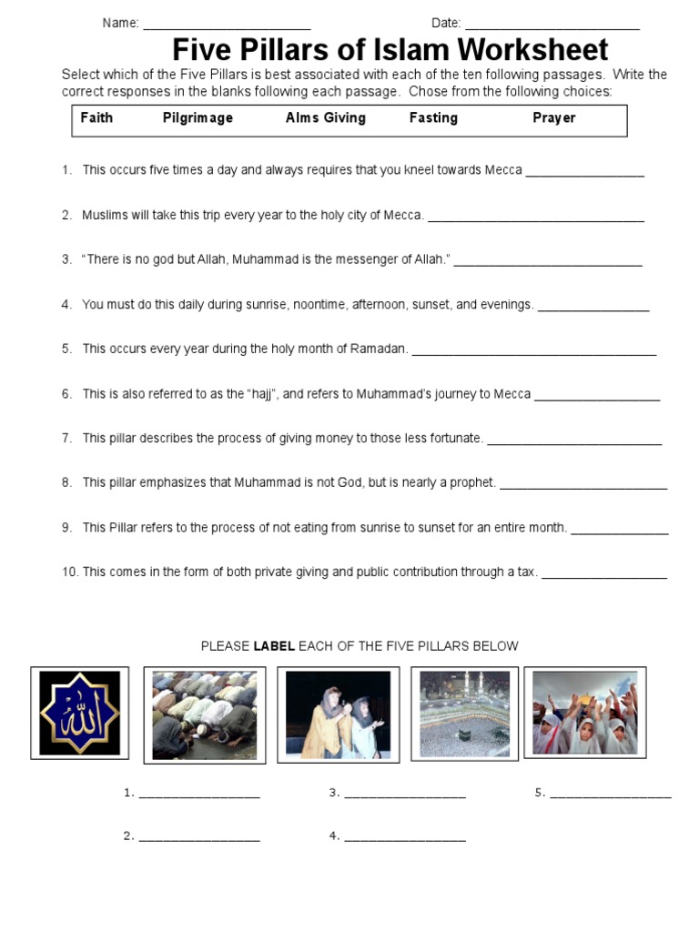 Five Pillars of Islam Worksheet: Faith Pilgrimage Alms Giving Fasting ...