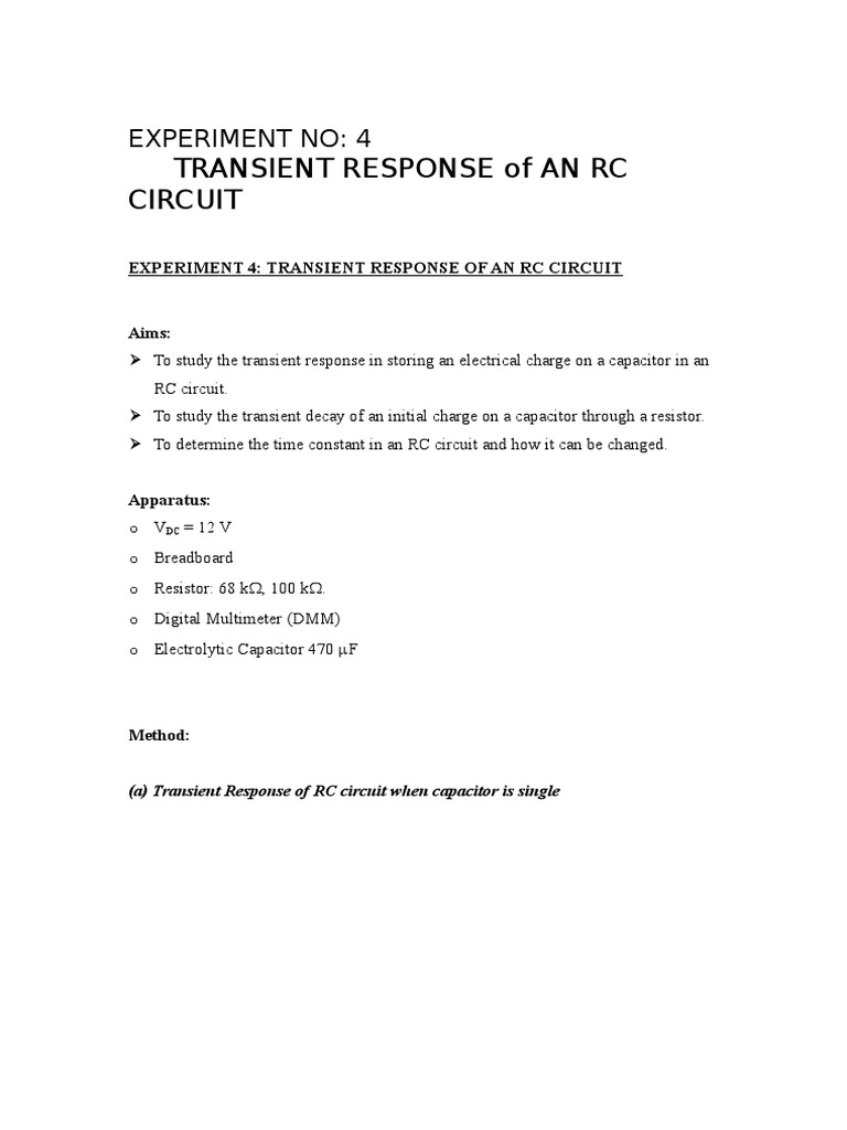 Transient Response of An RC Circuit: Experiment No: 4 | PDF | Capacitor ...