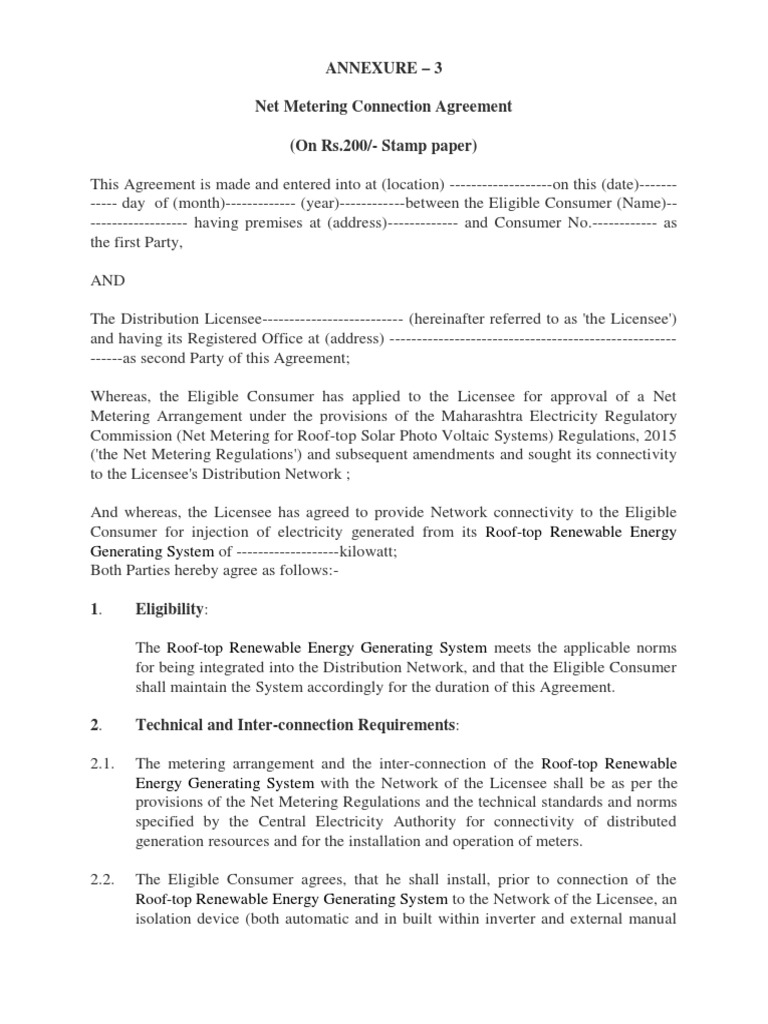 Annexure - 3 Net Metering Connection Agreement (On Rs.200/-Stamp Paper ...