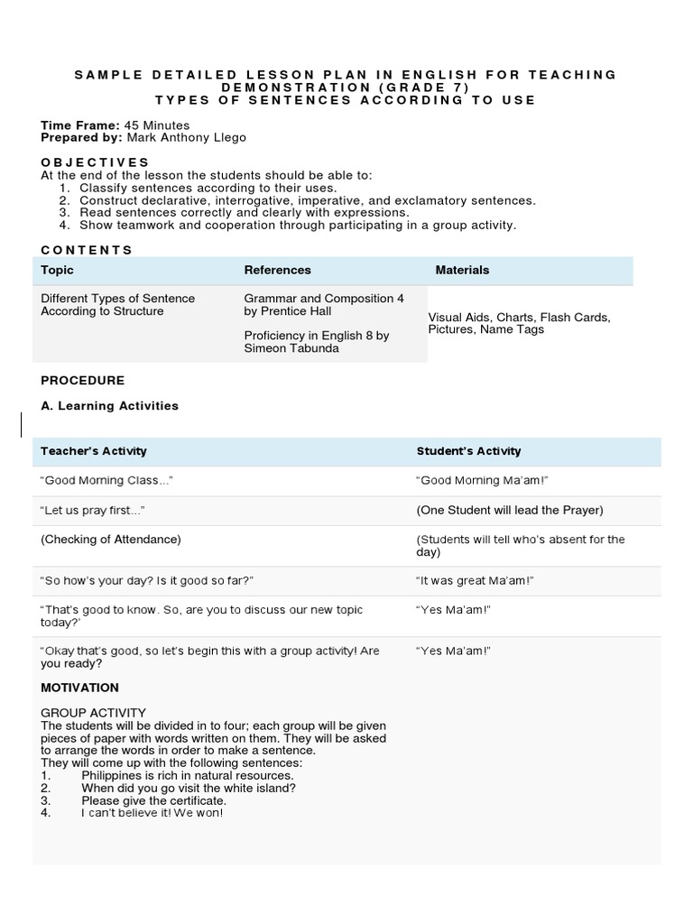 Sample Detailed Lesson Plan in English 9 For Demo Teaching | PDF ...