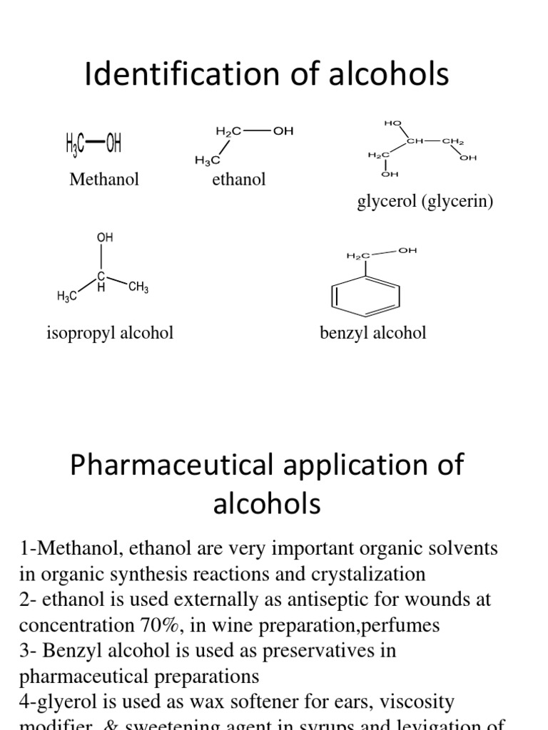 Identification of alcohols: Methanol ethanol glycerol (glycerin ...