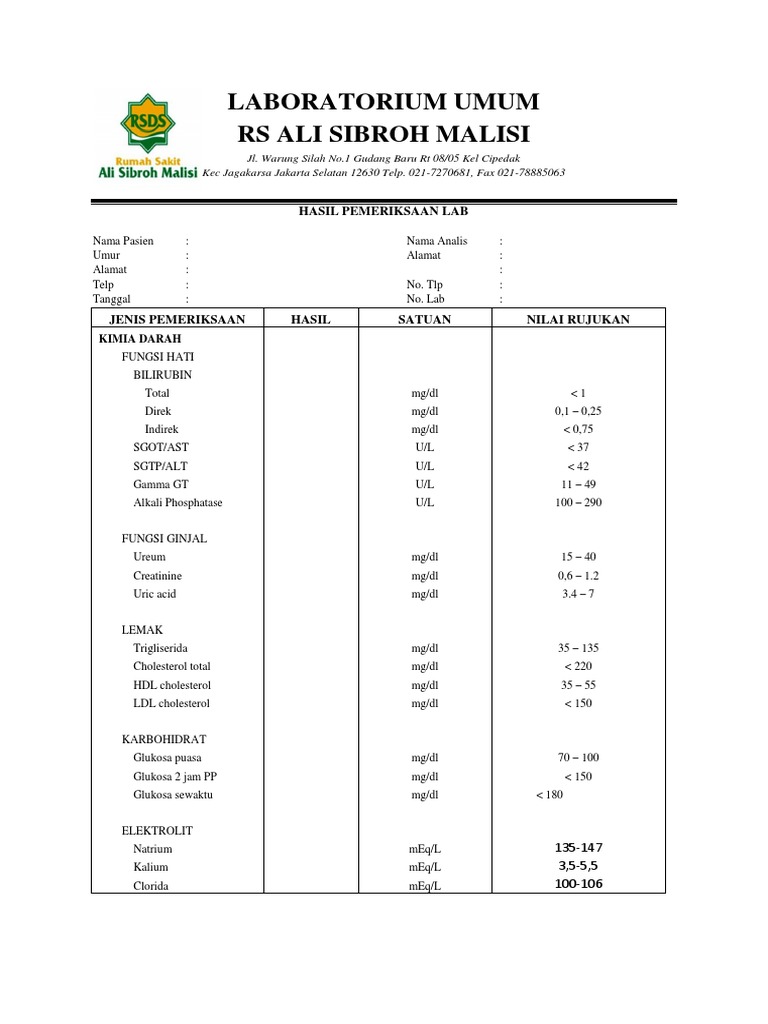 Laboratorium Umum Rs Ali Sibroh Malisi: Hasil Pemeriksaan Lab | PDF