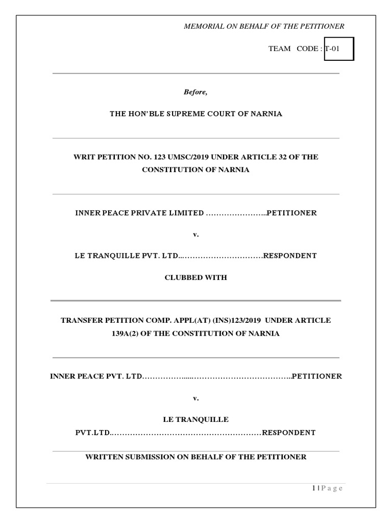 MOOT SAMPLE MEMORIAL | Supreme Court Of India | Bankruptcy