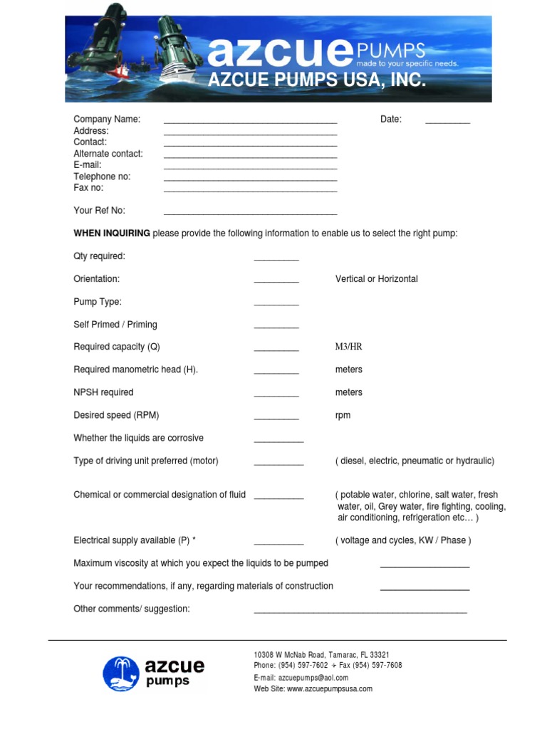 Azcue Pumps RFQ FaxForm | PDF