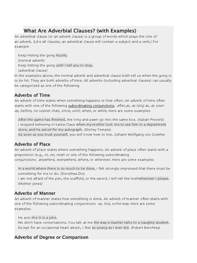 Adverbial Clauses Explained with Examples | PDF | Adverb | Clause