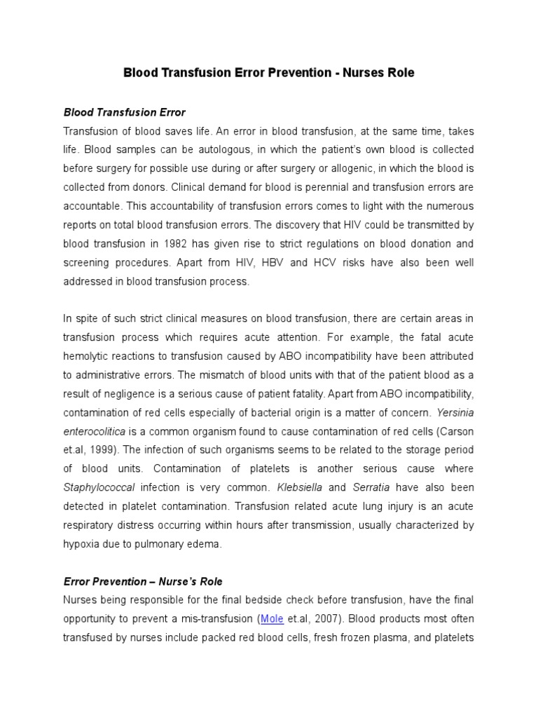 Blood Transfusion Error Prevention - Nurses Role | PDF | Blood ...