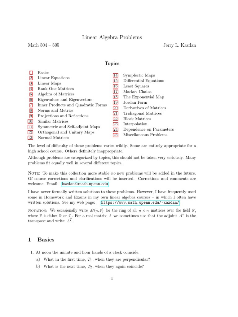 Linear Algebra Problems: Math 504 - 505 Jerry L. Kazdan | PDF | Eigenvalues And Eigenvectors ...