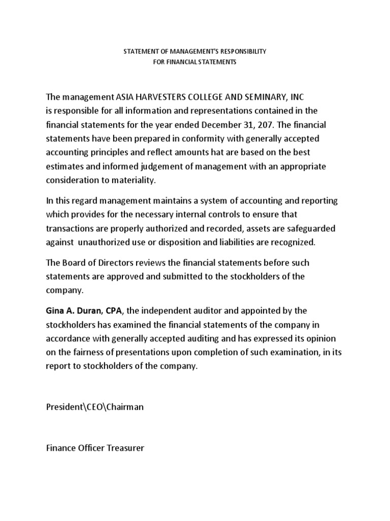 Statement of Management's Responsibility for Financial Statements of ...