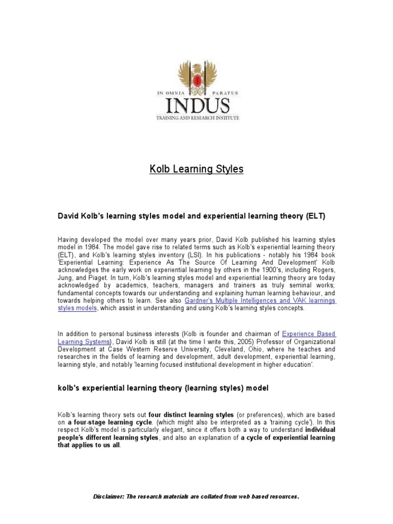 David Kolb's Learning Styles Model and Experiential Learning Theory ...