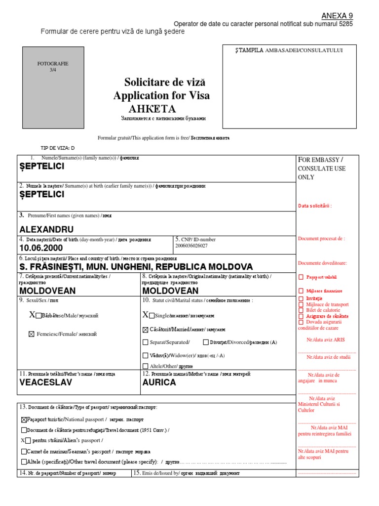 Formular Viza Tip D Completat | PDF