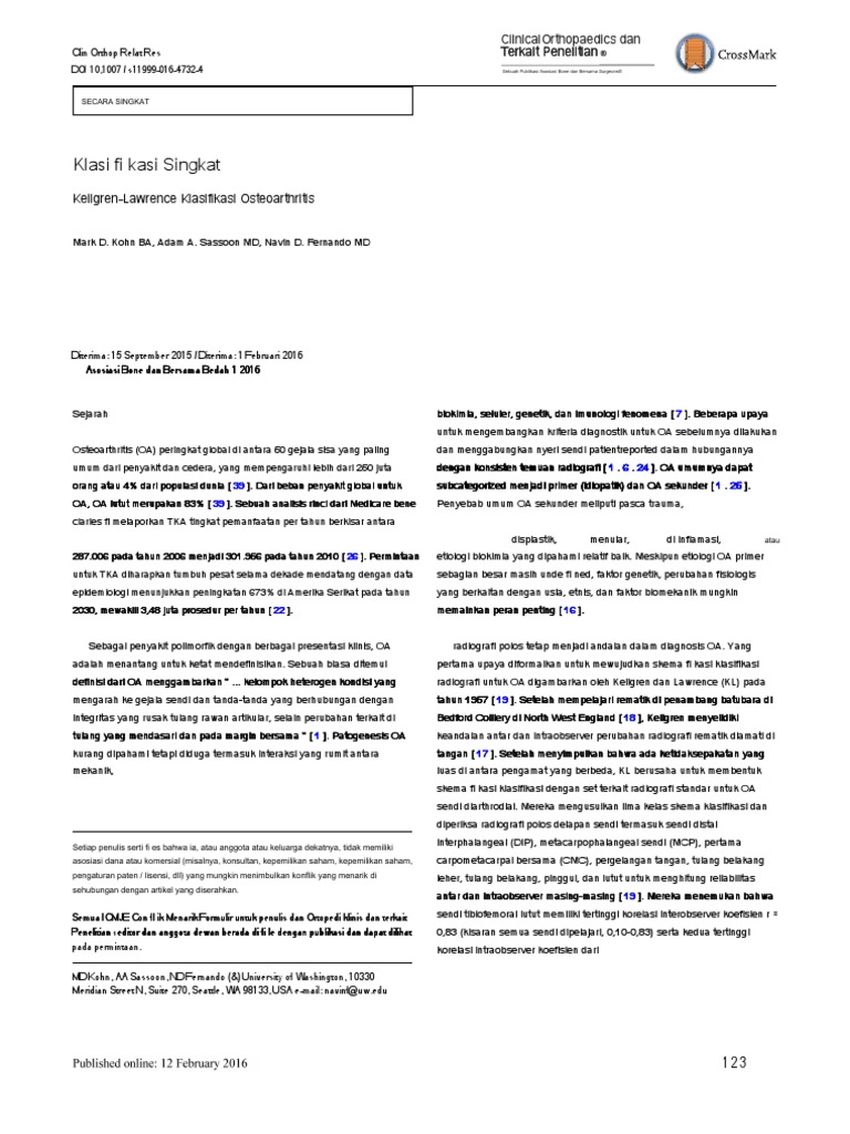 2016 - Kohn - Classifications in Brief Kellgren Lawrence Classification ...