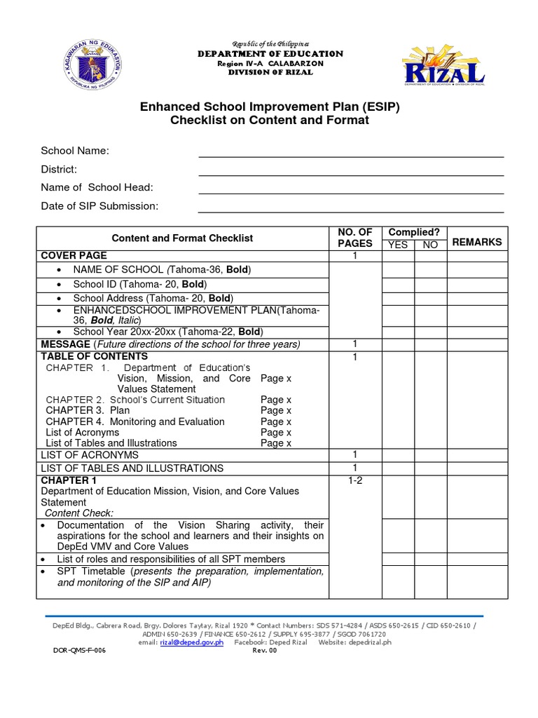 Enhanced School Improvement Plan (ESIP) Checklist On Content and Format | PDF | Business