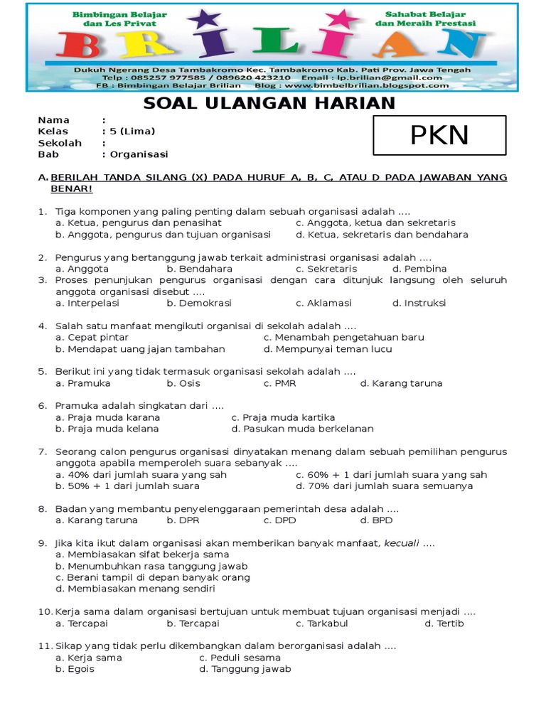 Soal PKN Kelas 5 SD Bab 3 Organisasi | PDF
